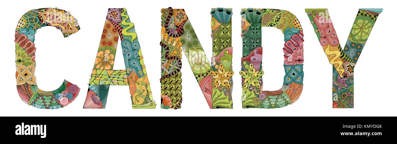 Hand-painted art design. Hand drawn illustration words CANDY for t ...
