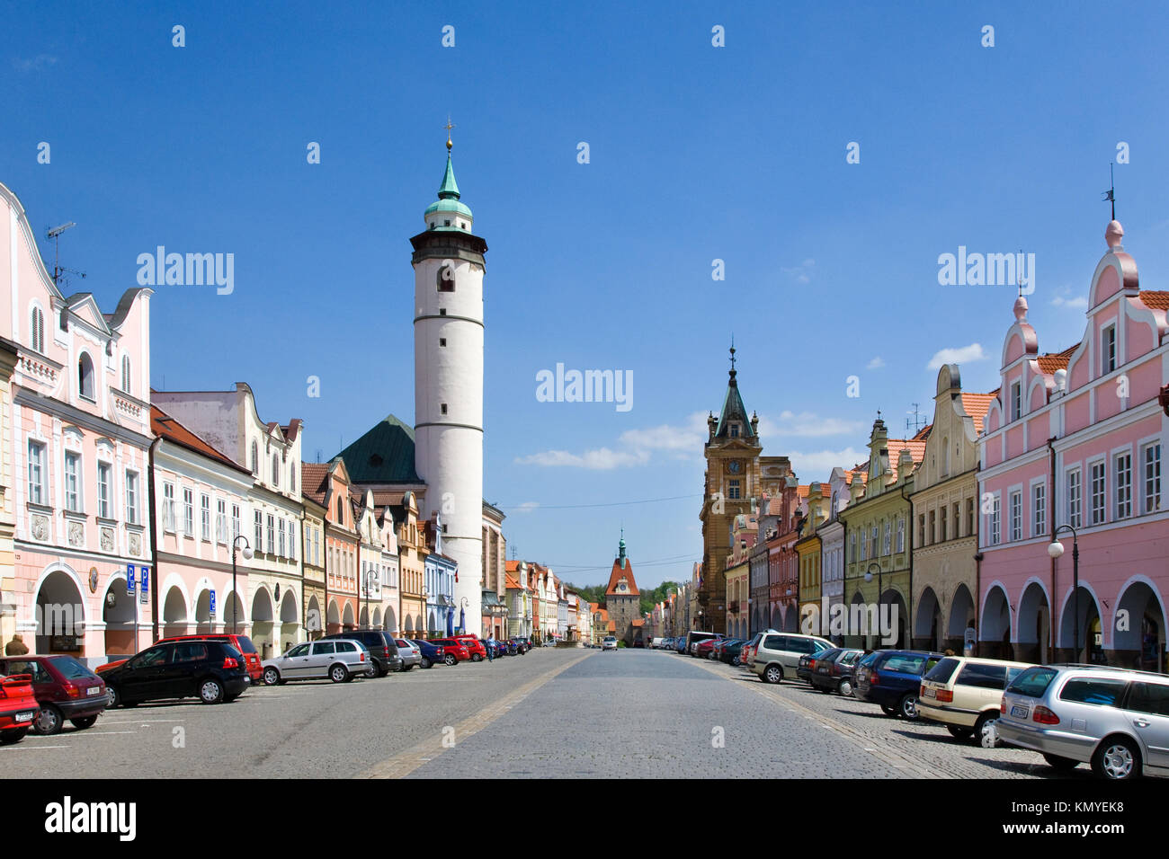 main square with town tower, Domazlice, Czech republic Stock Photo - Alamy