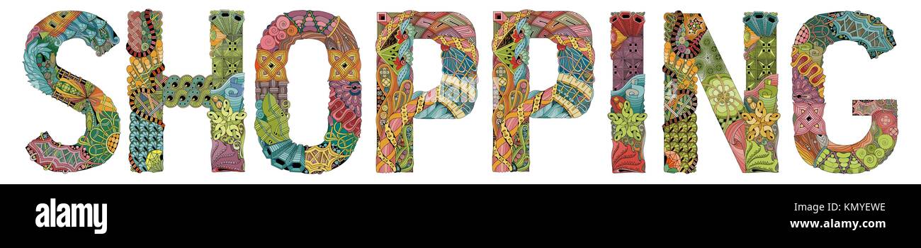 Hand-painted art design. Hand drawn illustration words SHOPPING for t ...
