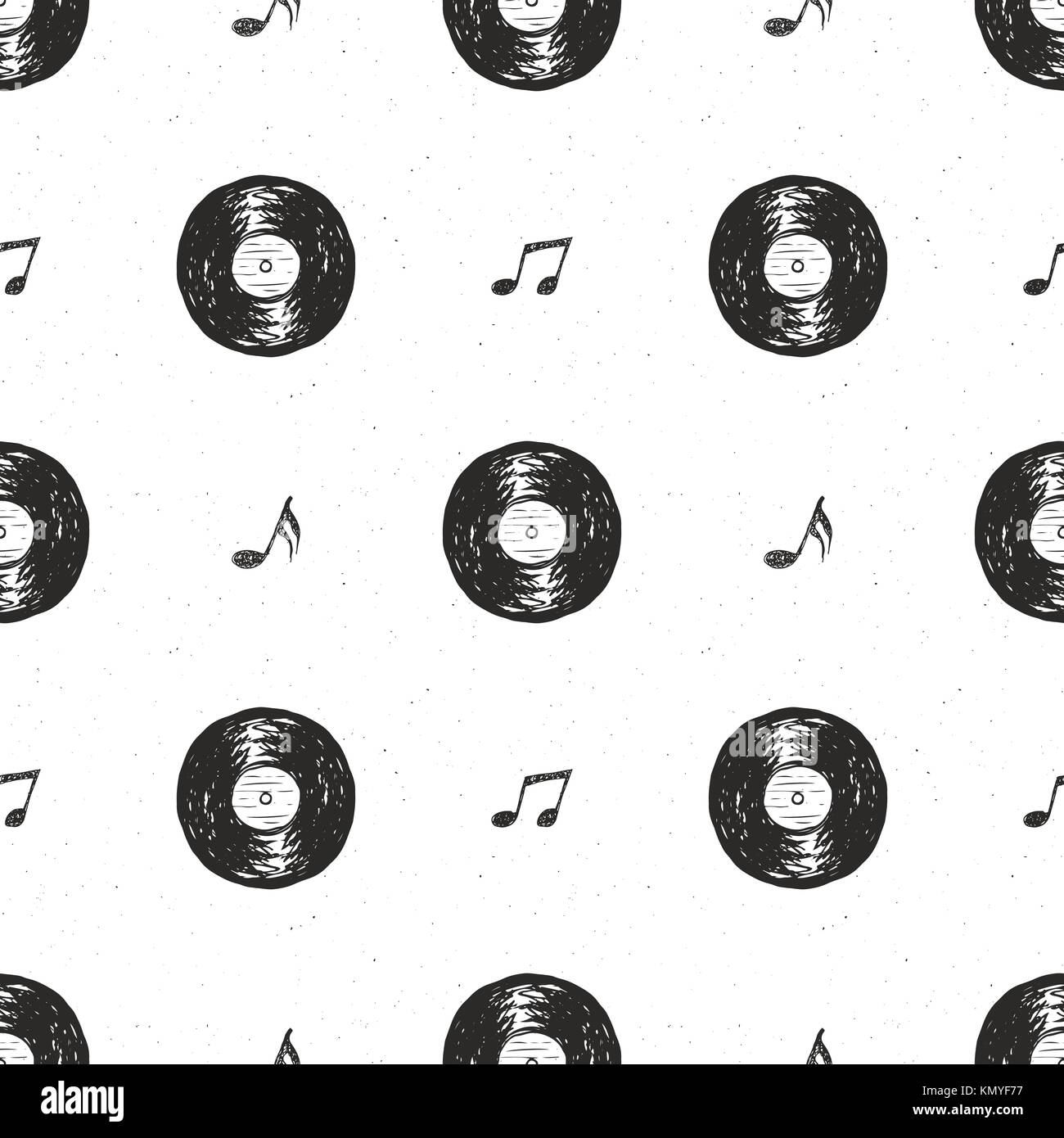 Vinyl record vintage seamless pattern hand drawn label sketch, grunge ...