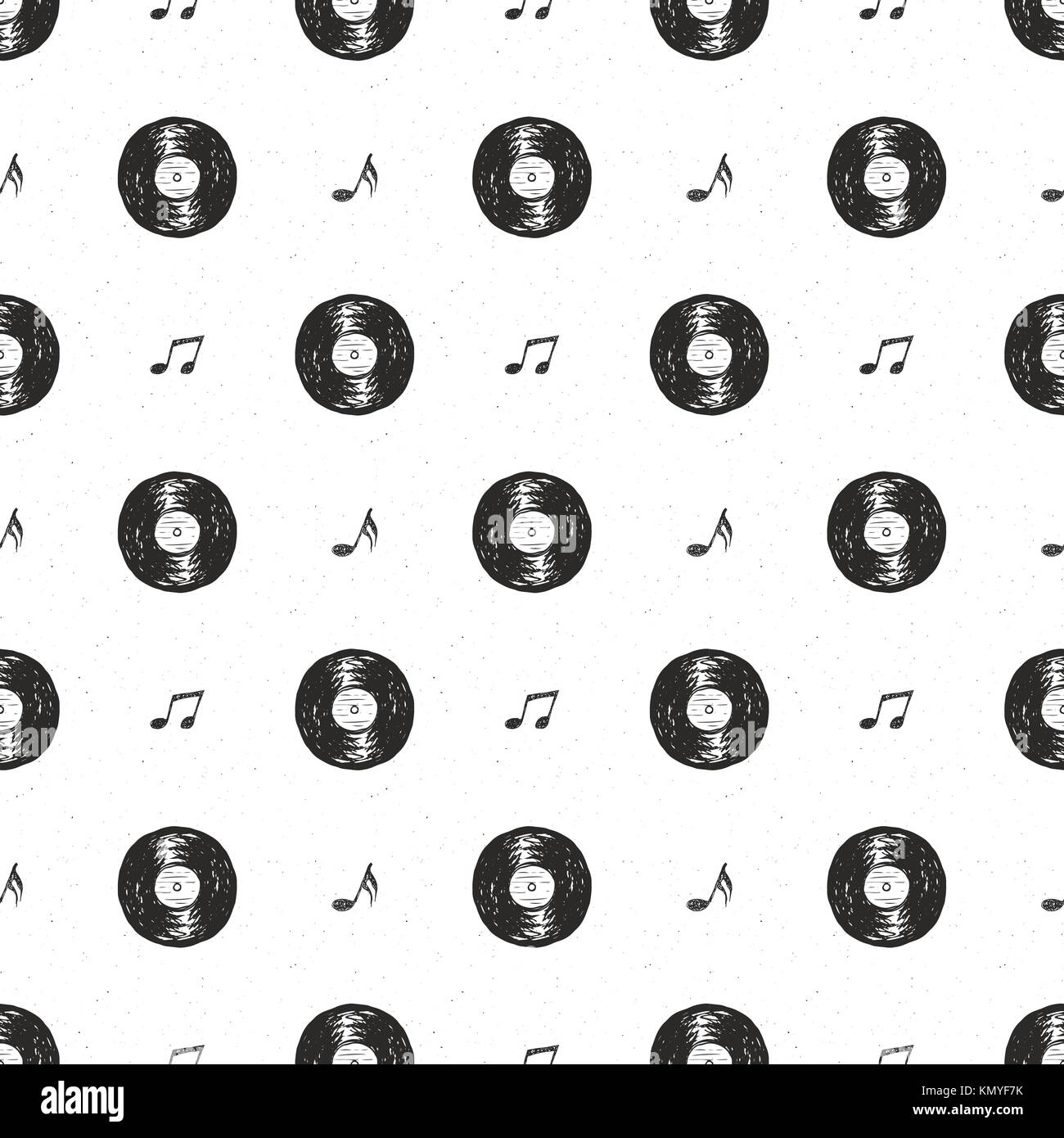 Vinyl record vintage seamless pattern hand drawn label sketch, grunge ...