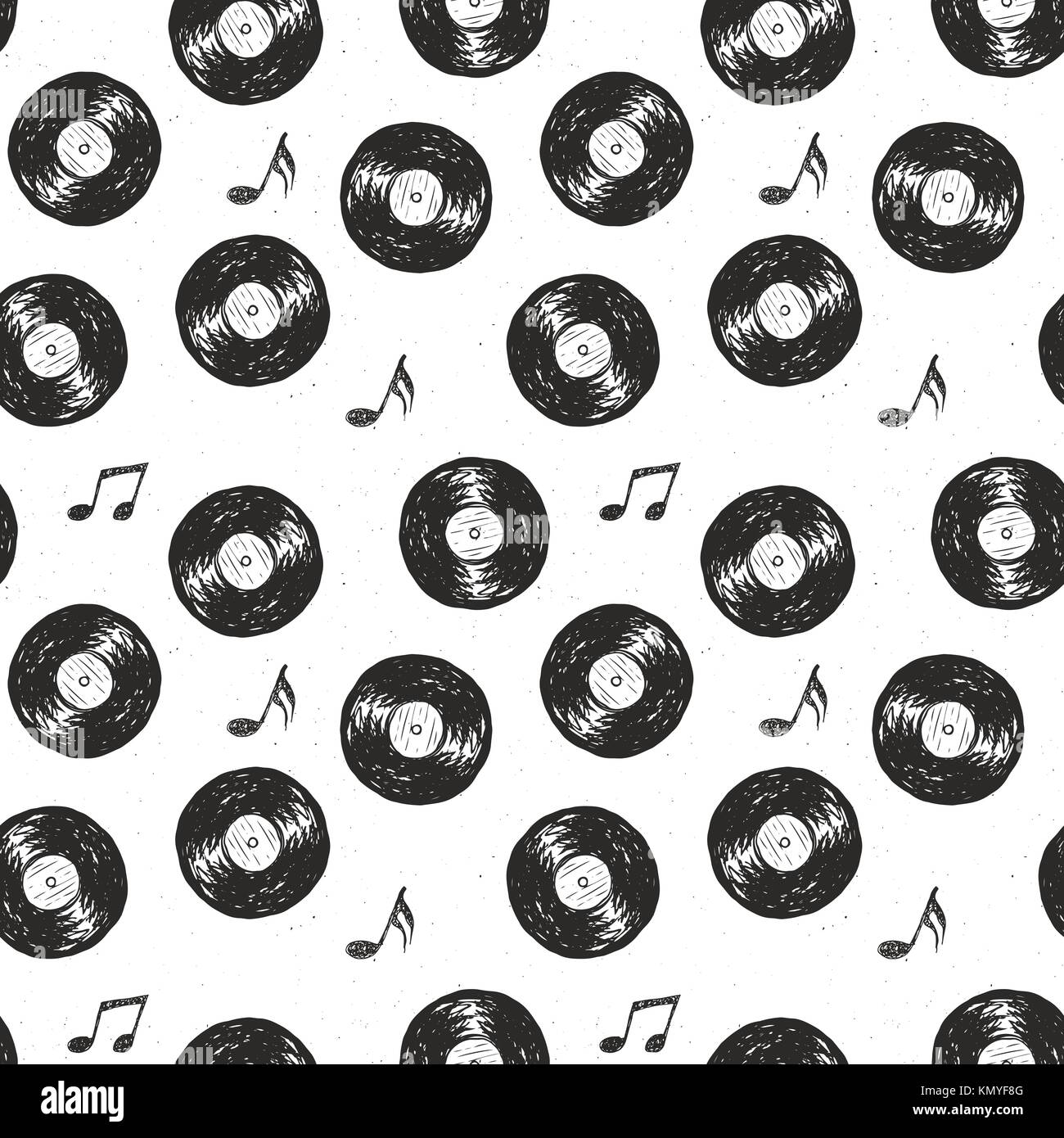Vinyl record vintage seamless pattern hand drawn label sketch, grunge ...