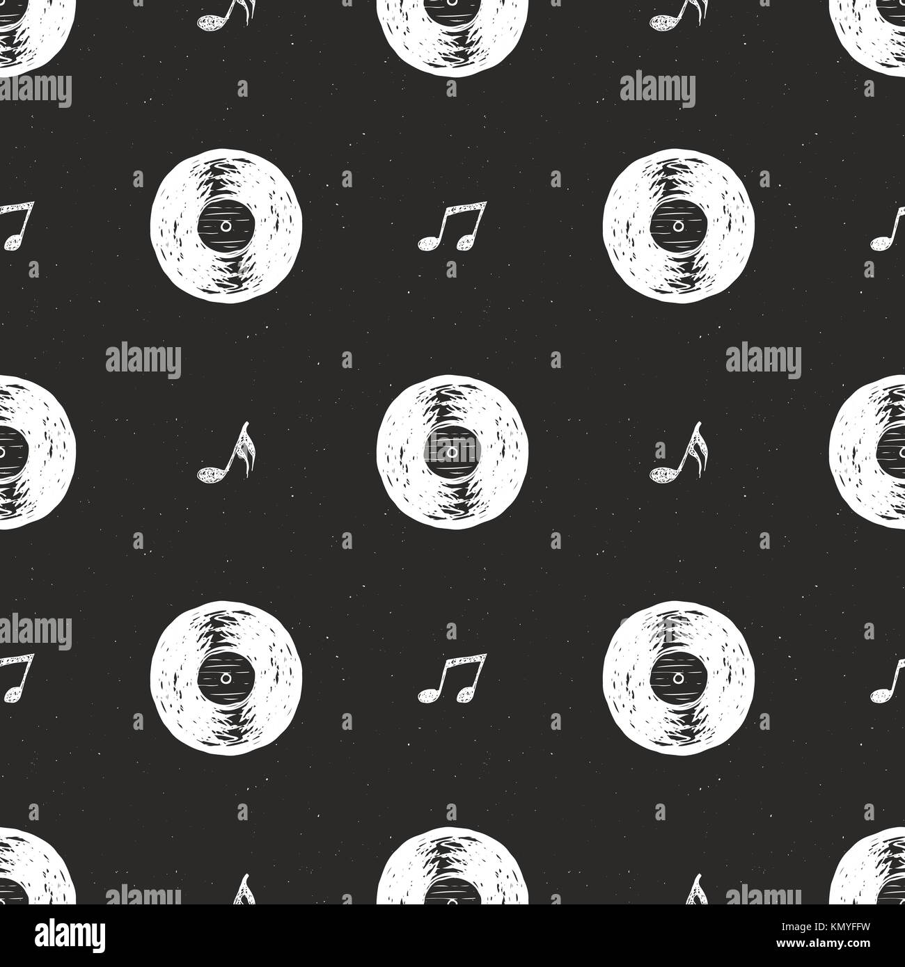 Vinyl record vintage seamless pattern hand drawn label sketch, grunge ...