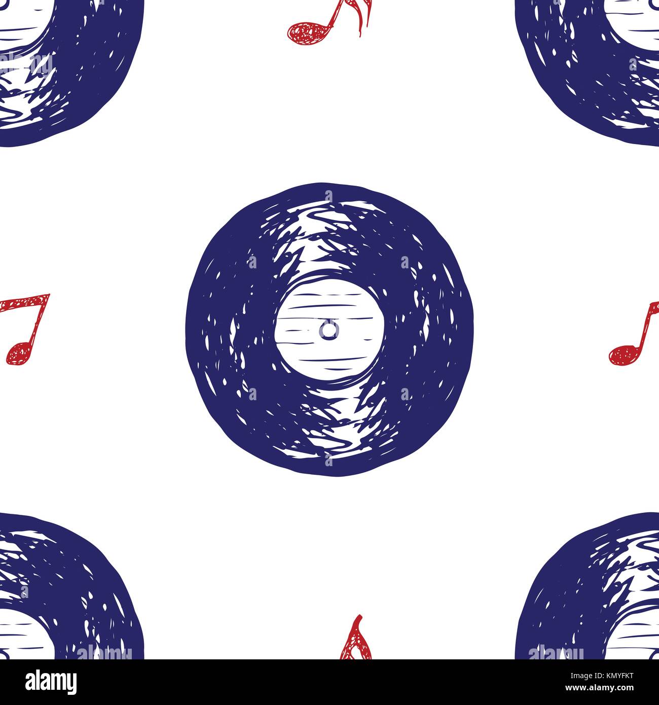 Vinyl record vintage seamless pattern hand drawn label sketch, grunge ...