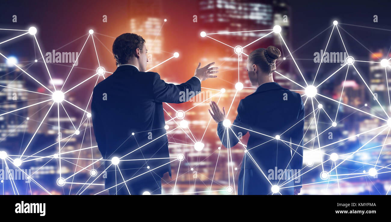 Concept of social connection and networking against night city view and ...