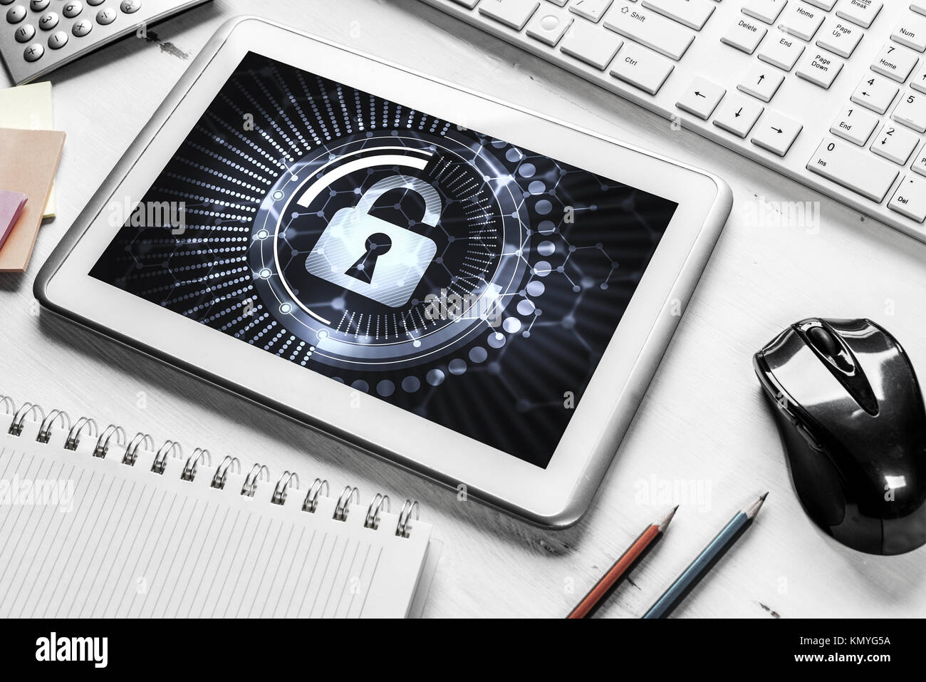 Web security and technology concept with tablet pc on wooden tab Stock ...