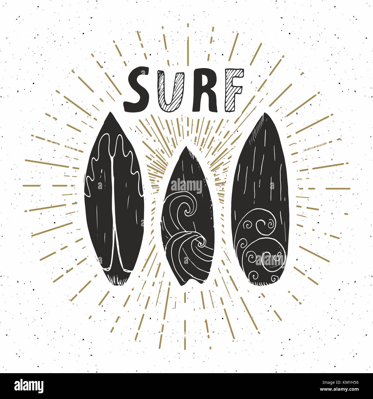 Vintage label, Hand drawn surf boards, grunge textured retro badge ...