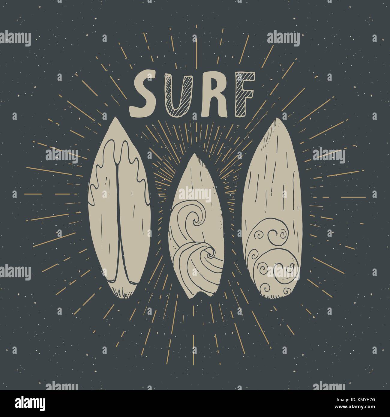 Vintage label, Hand drawn surf boards, grunge textured retro badge ...
