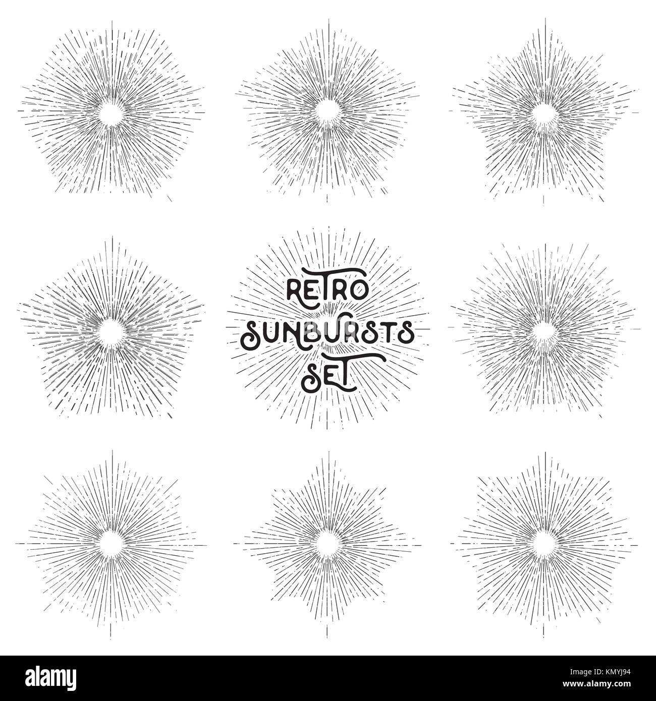 Retro sun bursts set, Vintage radiant sun rays shapes collection for ...