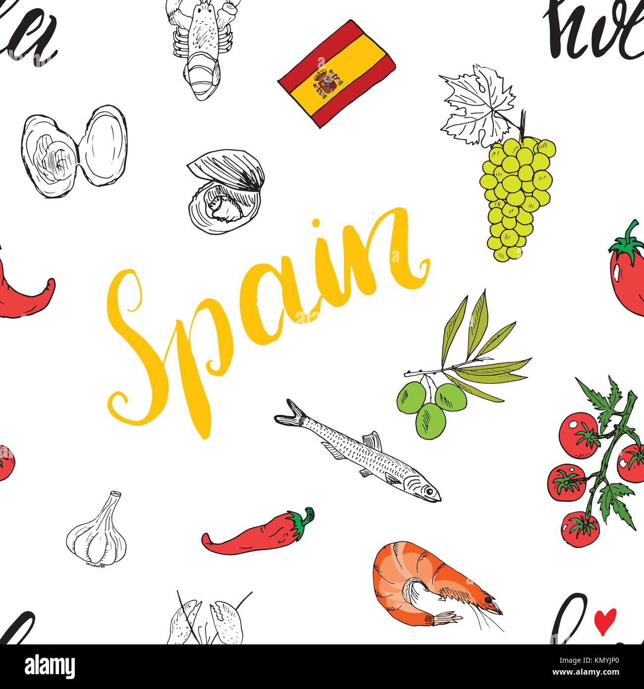 Spain seamless pattern doodle elements, Hand drawn sketch spanish food ...
