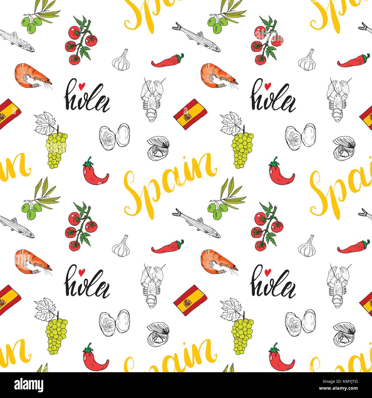 Spain seamless pattern doodle elements, Hand drawn sketch spanish food ...