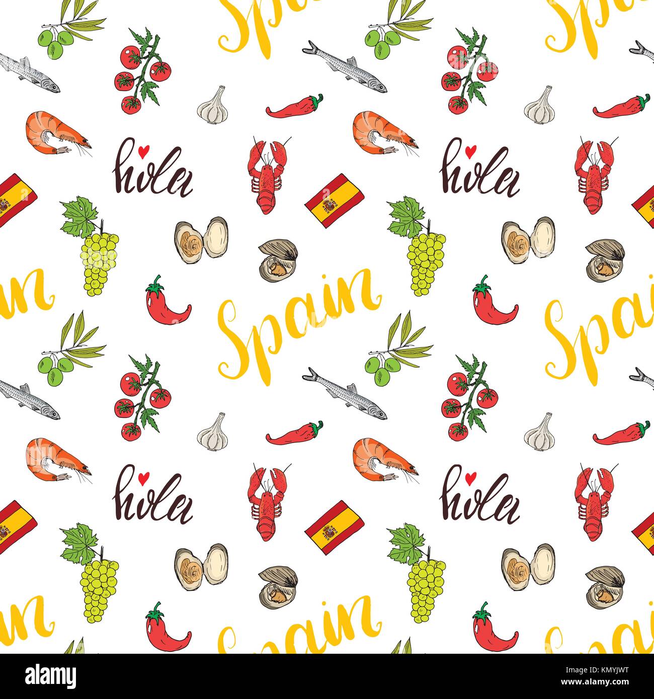 Spain seamless pattern doodle elements, Hand drawn sketch spanish food ...