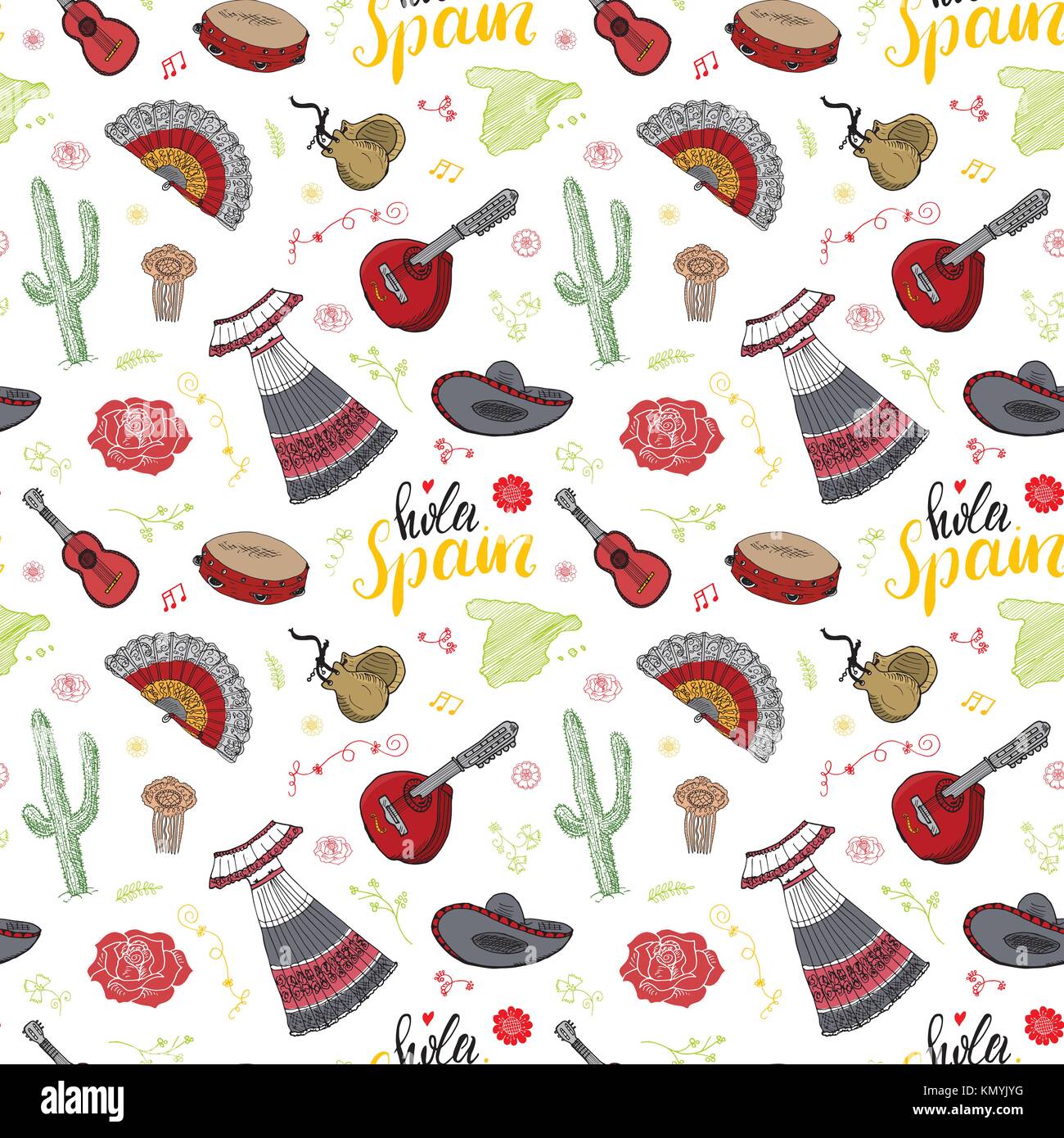 Spain seamless pattern doodle elements, Hand drawn sketch spanish ...