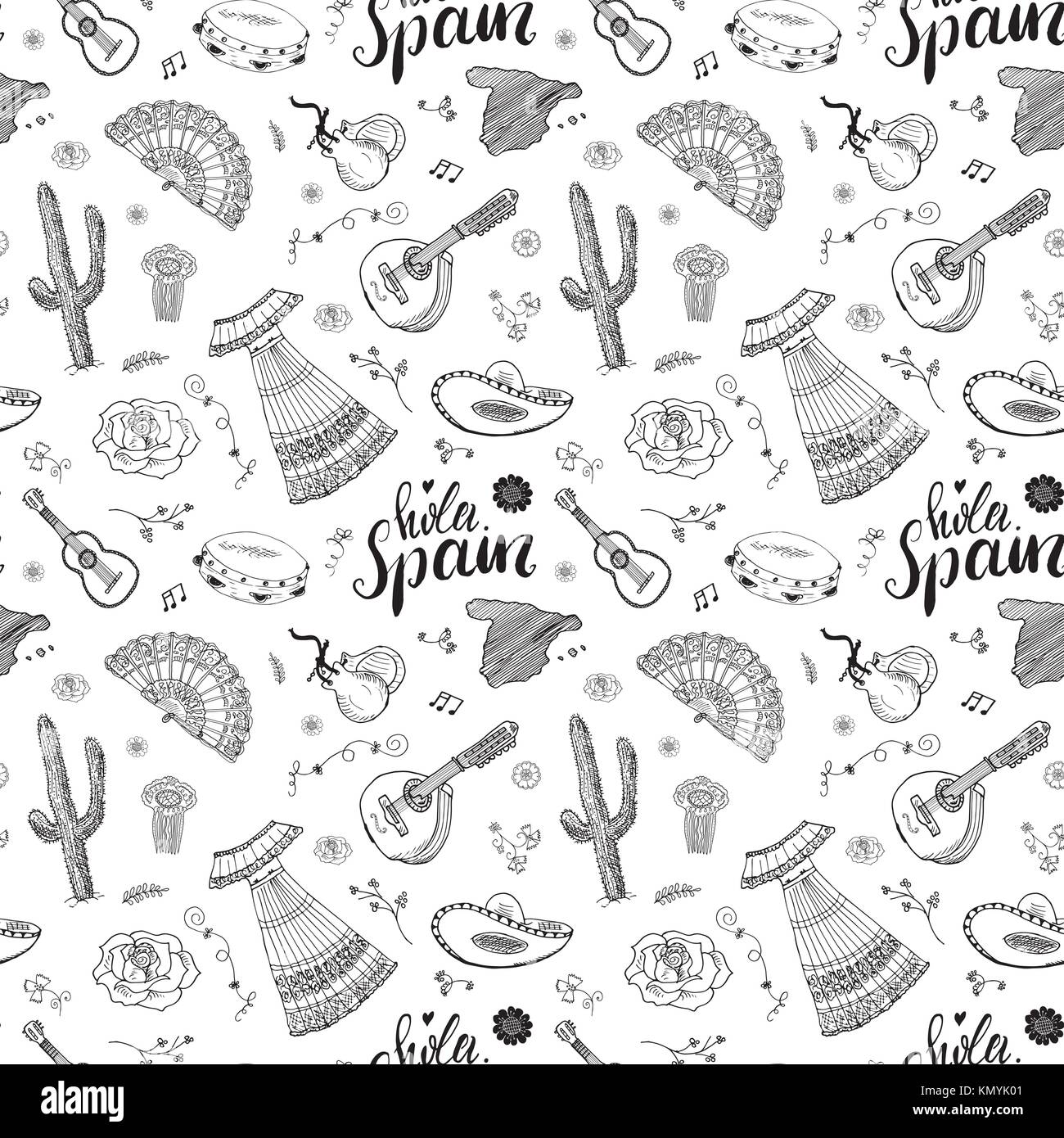 Spain seamless pattern doodle elements, Hand drawn sketch spanish Stock ...