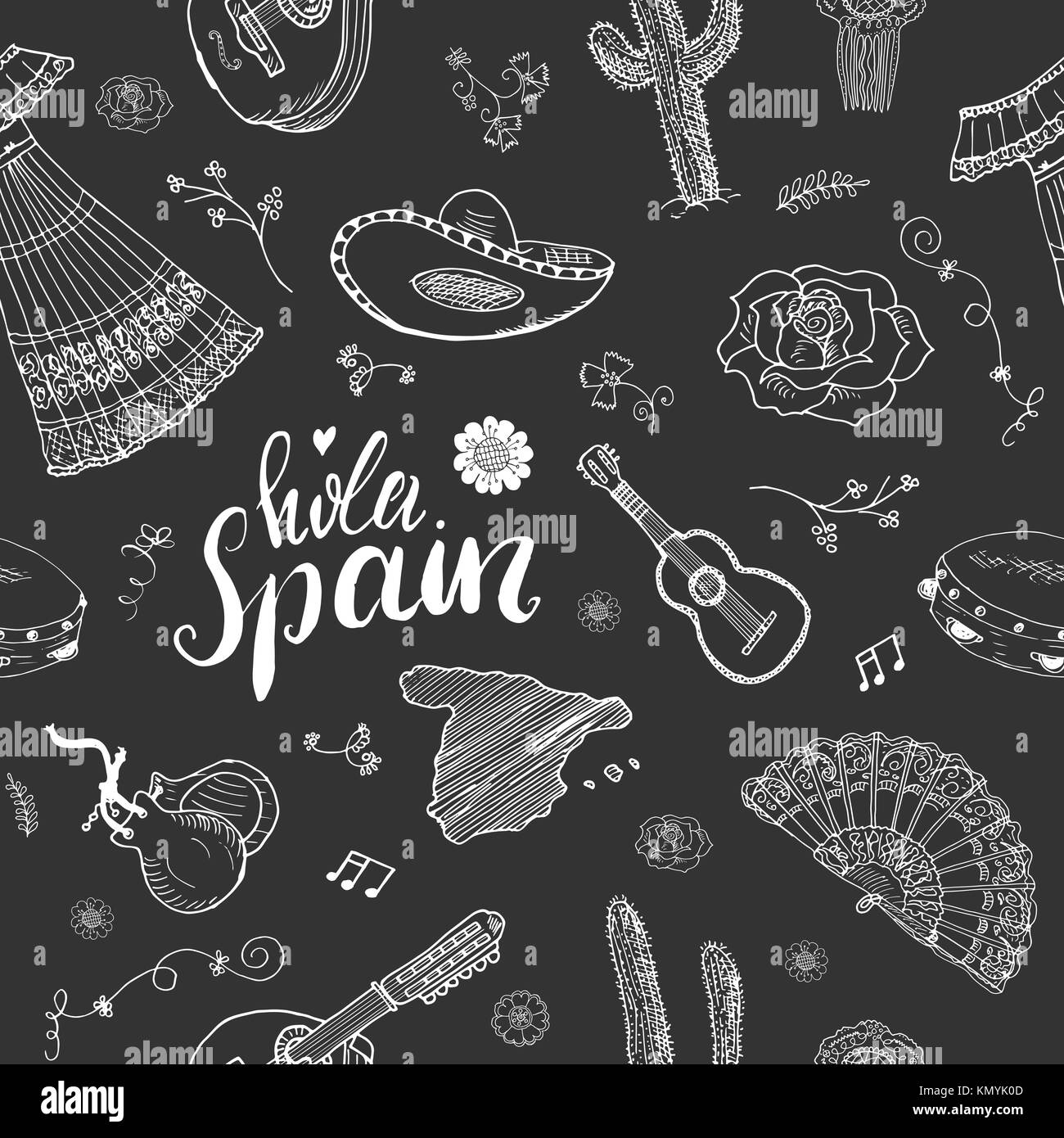Spain seamless pattern doodle elements, Hand drawn sketch spanish ...
