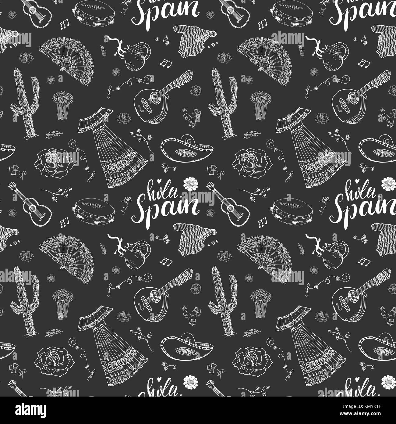Spain seamless pattern doodle elements, Hand drawn sketch spanish ...