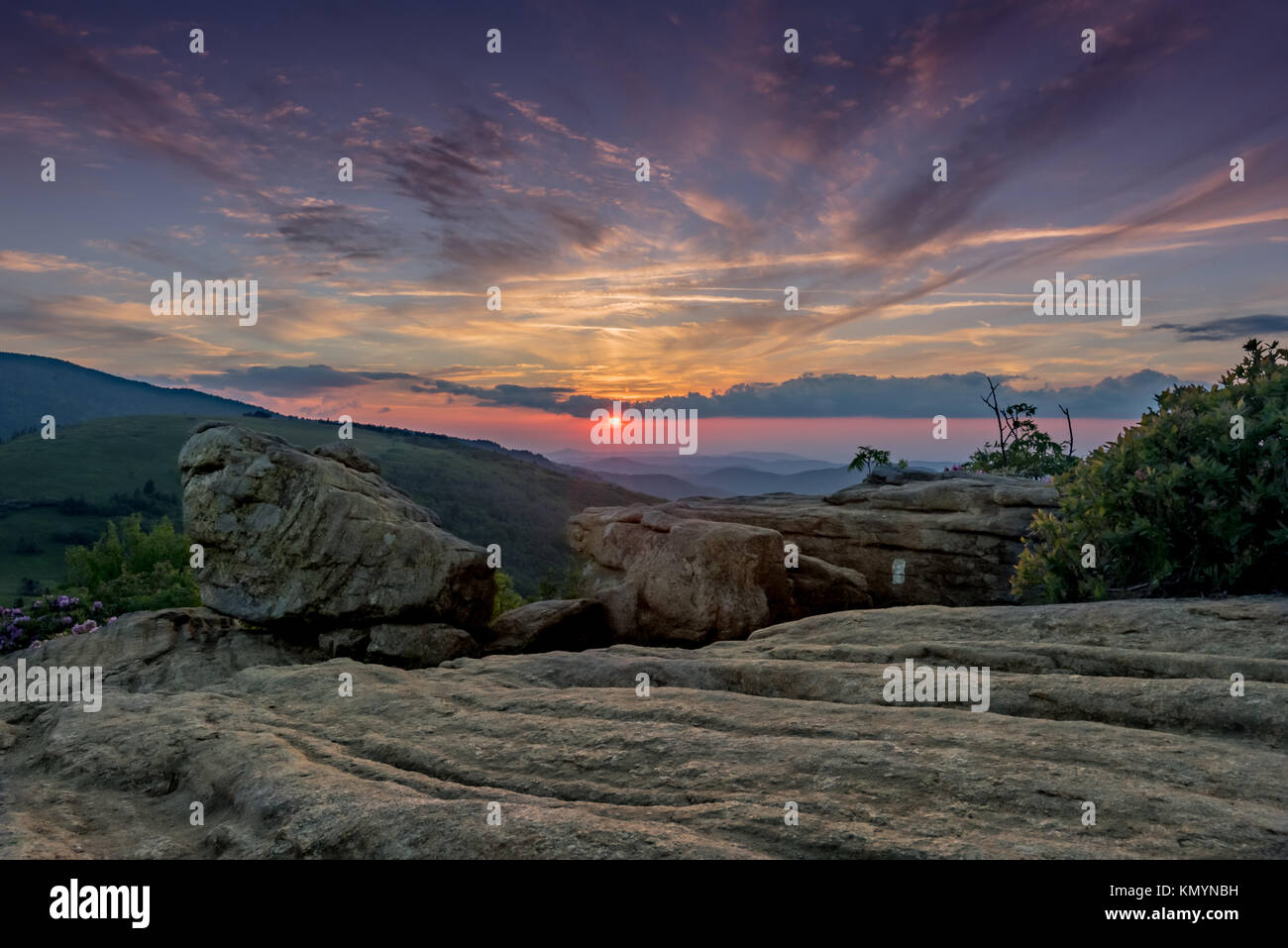 Low Angle of Jane Bald Rocks at Sun Set in Roan Mountain highlands ...