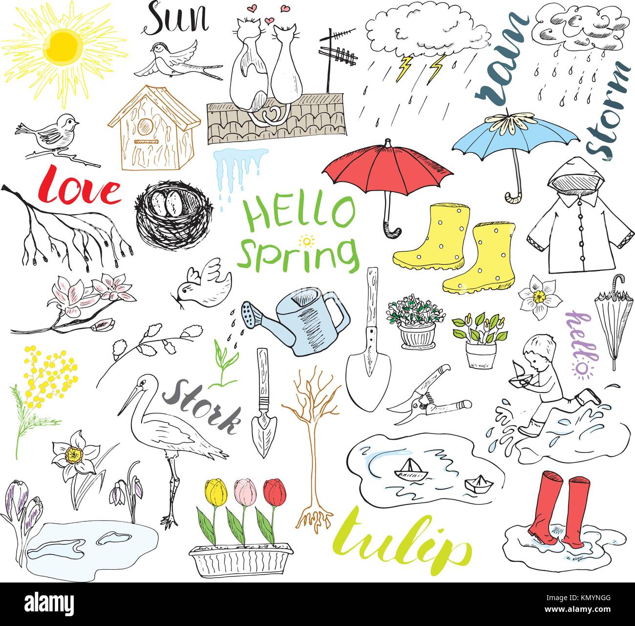 Spring season set doodles elements. Hand drawn sketch set with umbrella ...