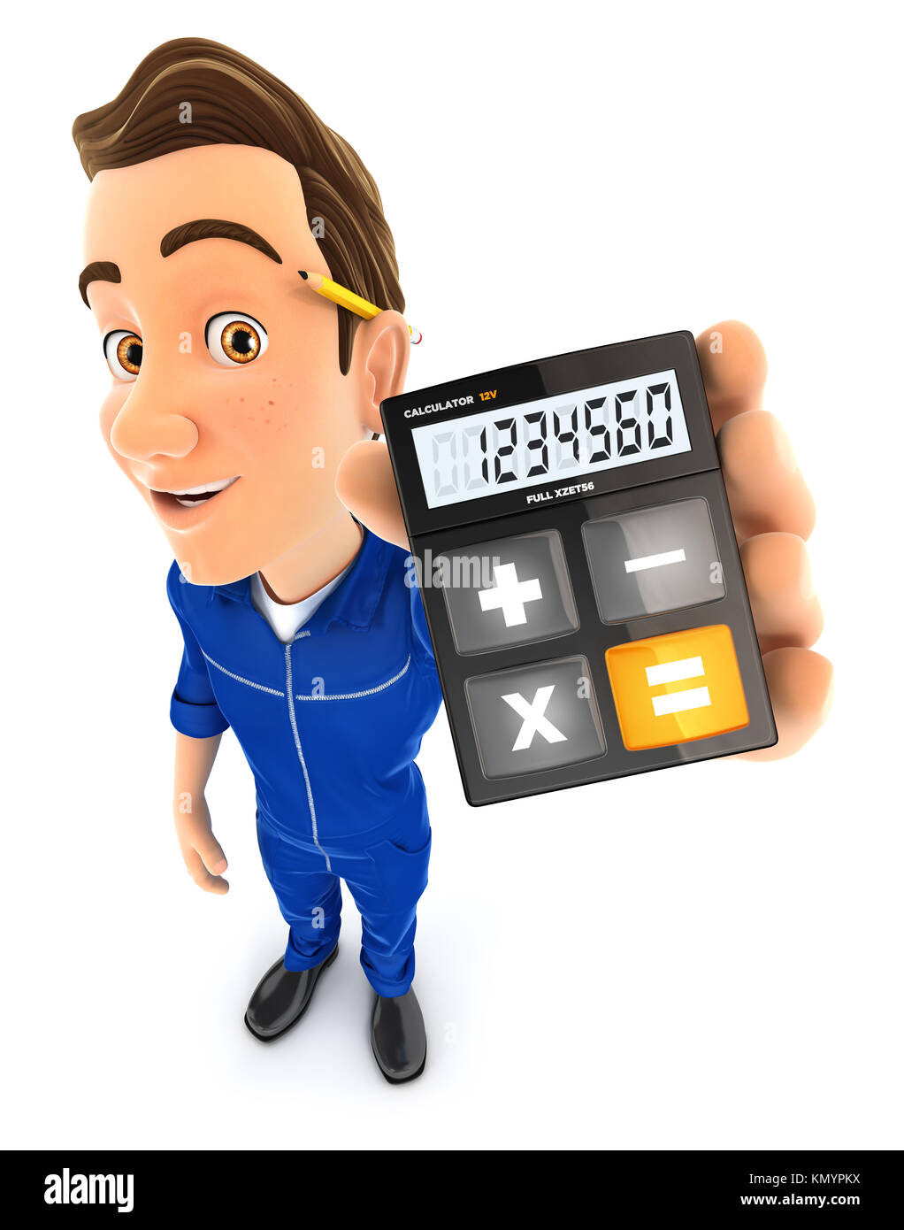 3d mechanic holding calculator, illustration with isolated white ...