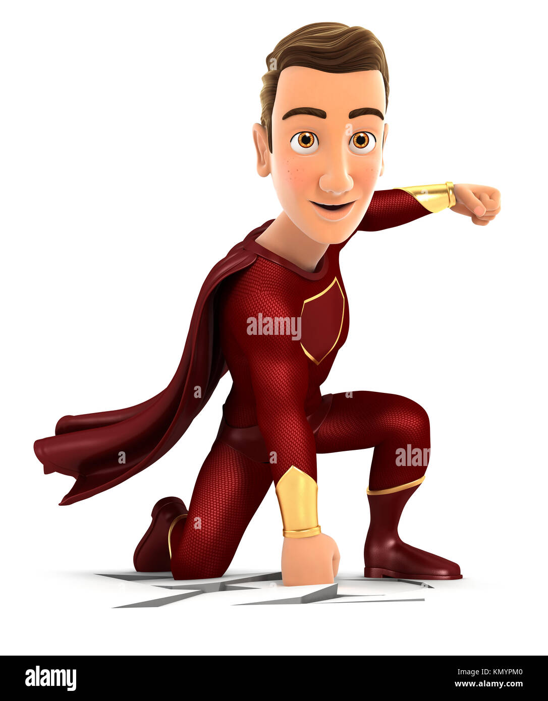 3d red hero arriving on the earth, illustration with isolated white ...