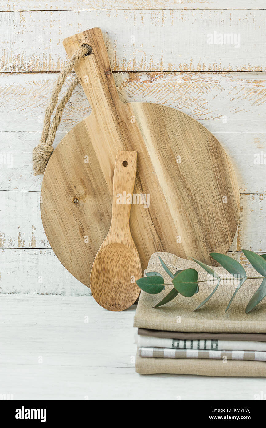 Round Artisan Wood Cutting Board Spoon Stack of Linen Cotton Kitchen ...