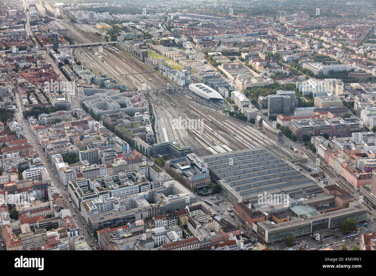aerial view of Munich Main Railway Station and railway lines, Bavaria ...
