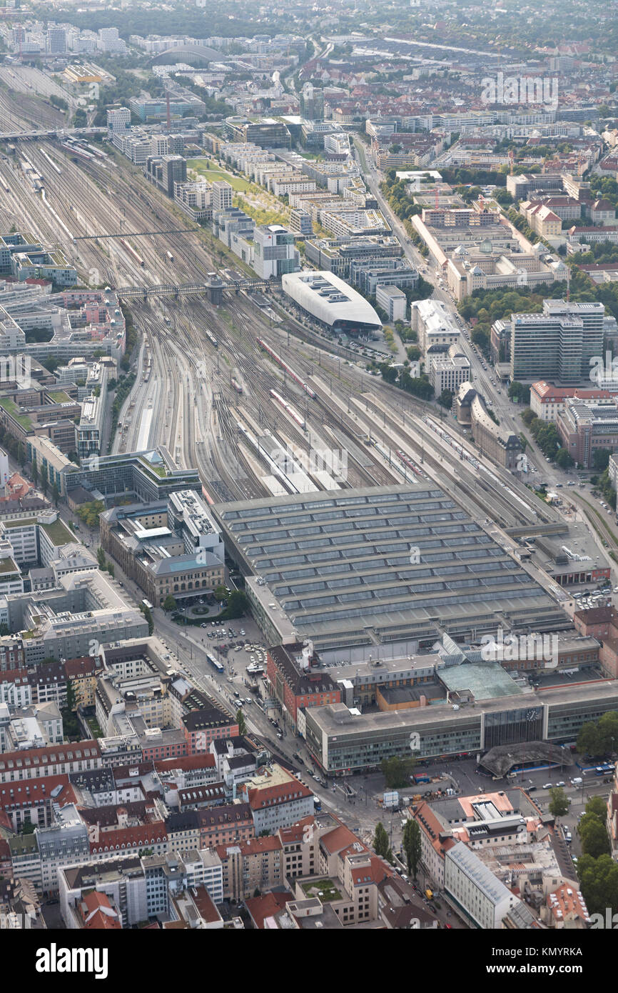 aerial view of Munich Main Railway Station and railway lines, Bavaria ...