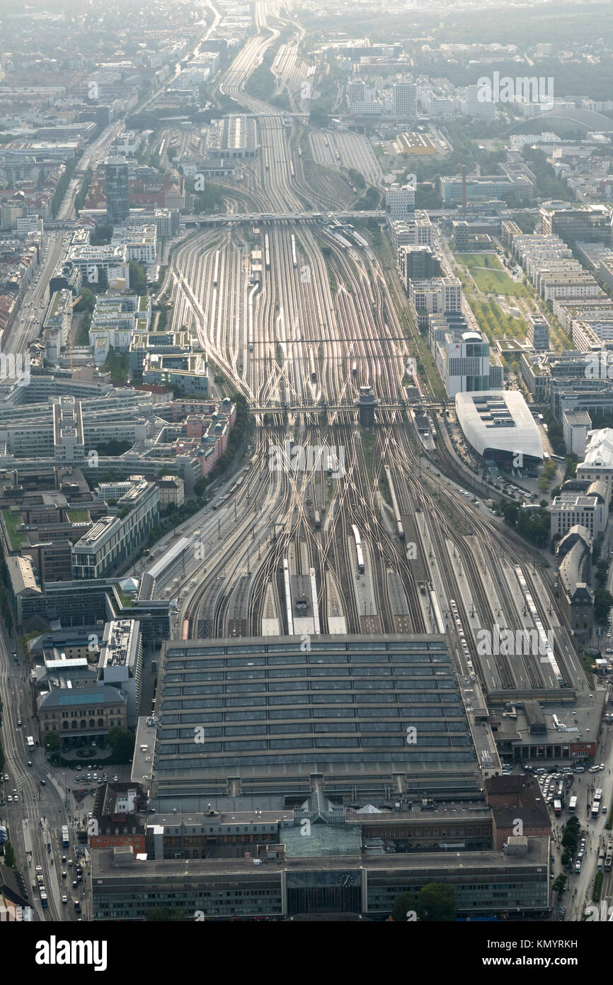 aerial view of Munich Main Railway Station and railway lines, Bavaria ...