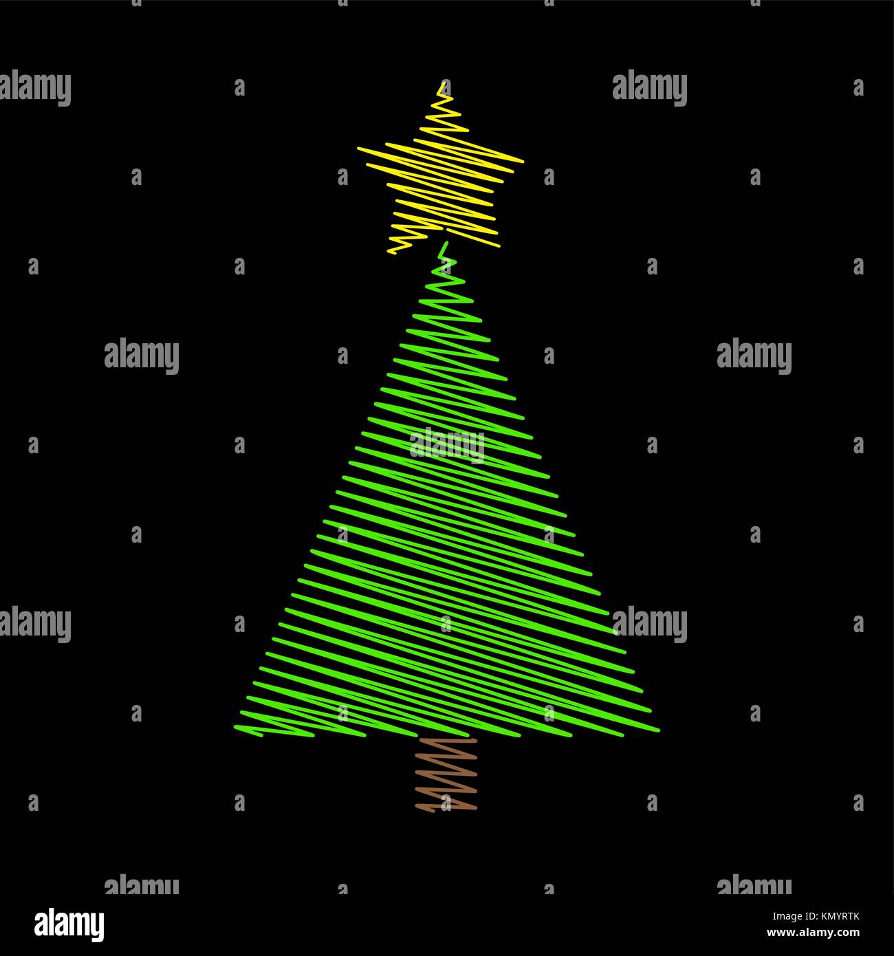 Christmas tree green scribble with star design isolated on black ...