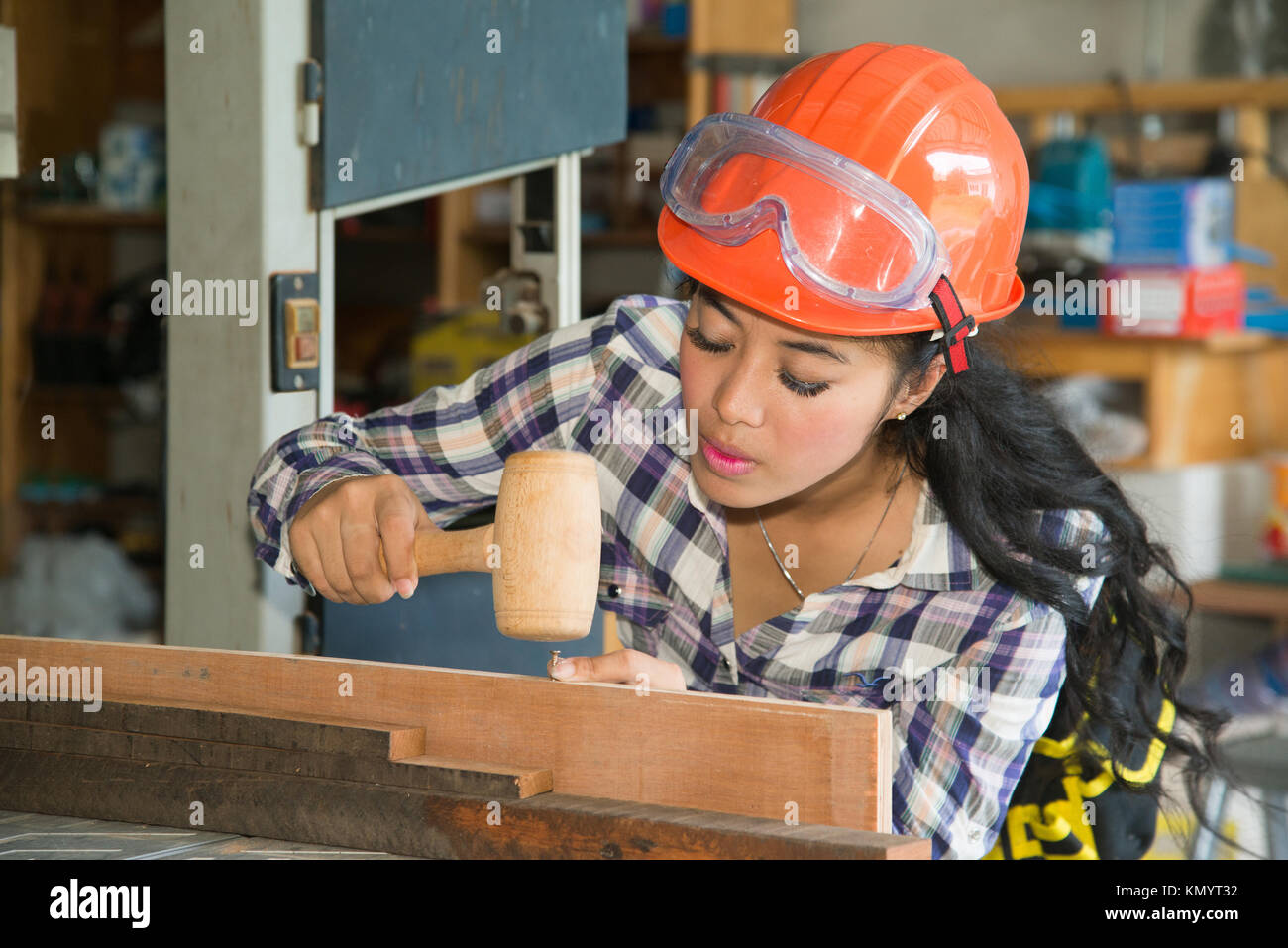 Asian pretty female carpenter using wood hammer for wood Stock Photo ...