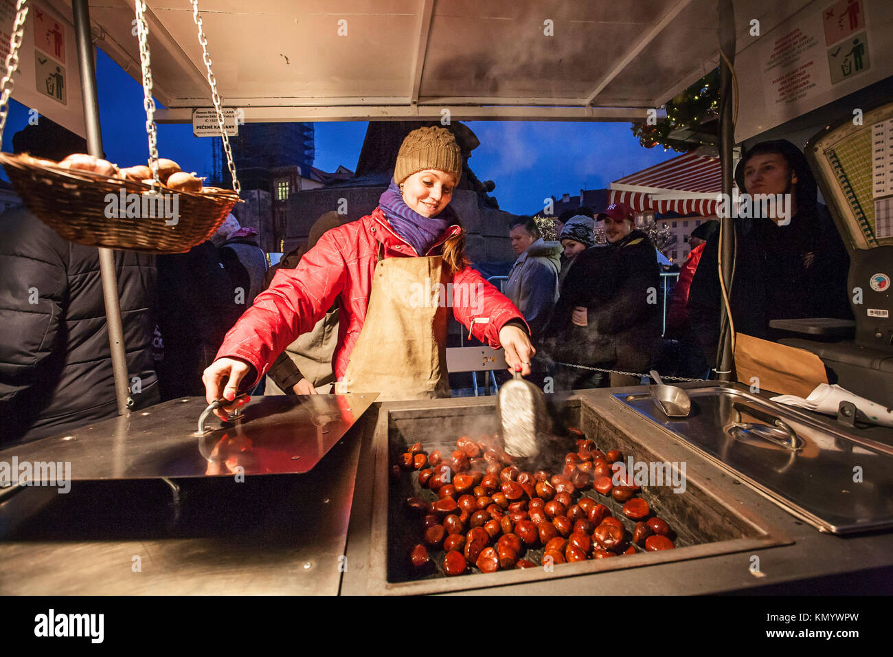 Stand with hot chestnut - winter specialty during christmas in Prague ...