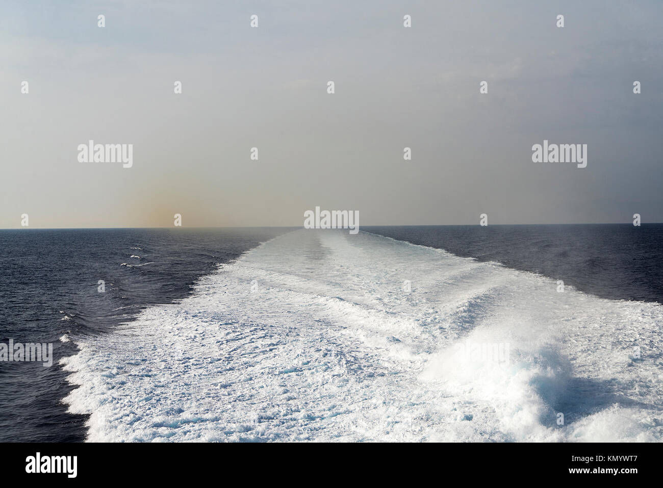 Mark on the surface of the water behind a fast moving boat at sea Stock ...