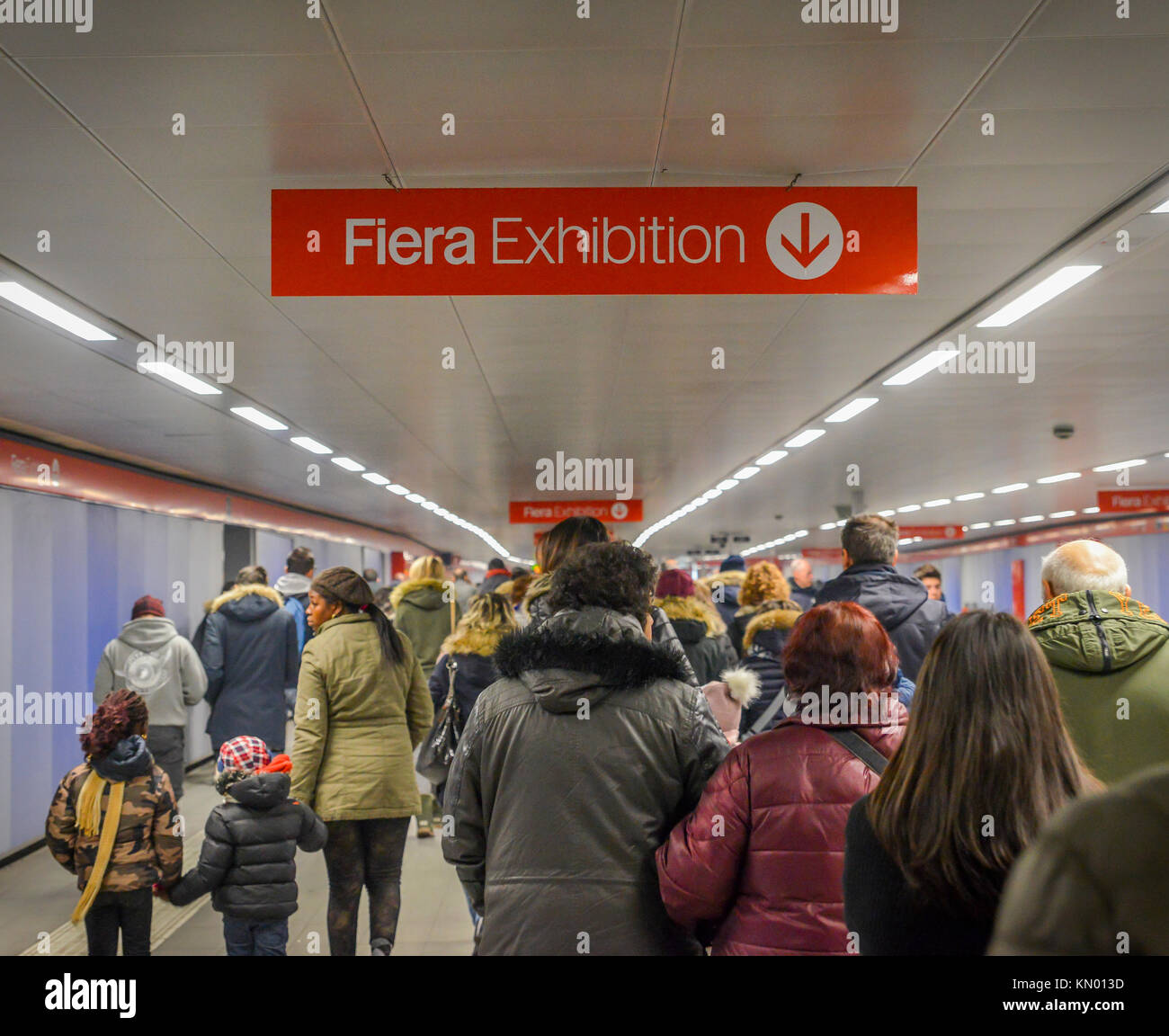 Rho Fiera, Milan, Italy - Dec 8, 2017: Crowded pedesetrian tunnel with ...