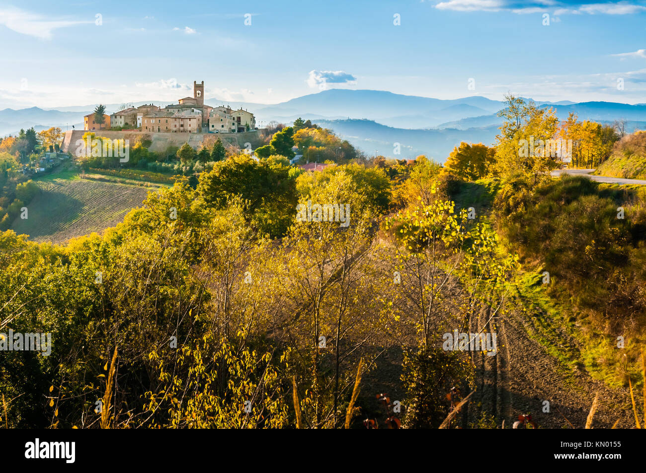 The little village of Montefabbri on a hill of the Italian Marche ...
