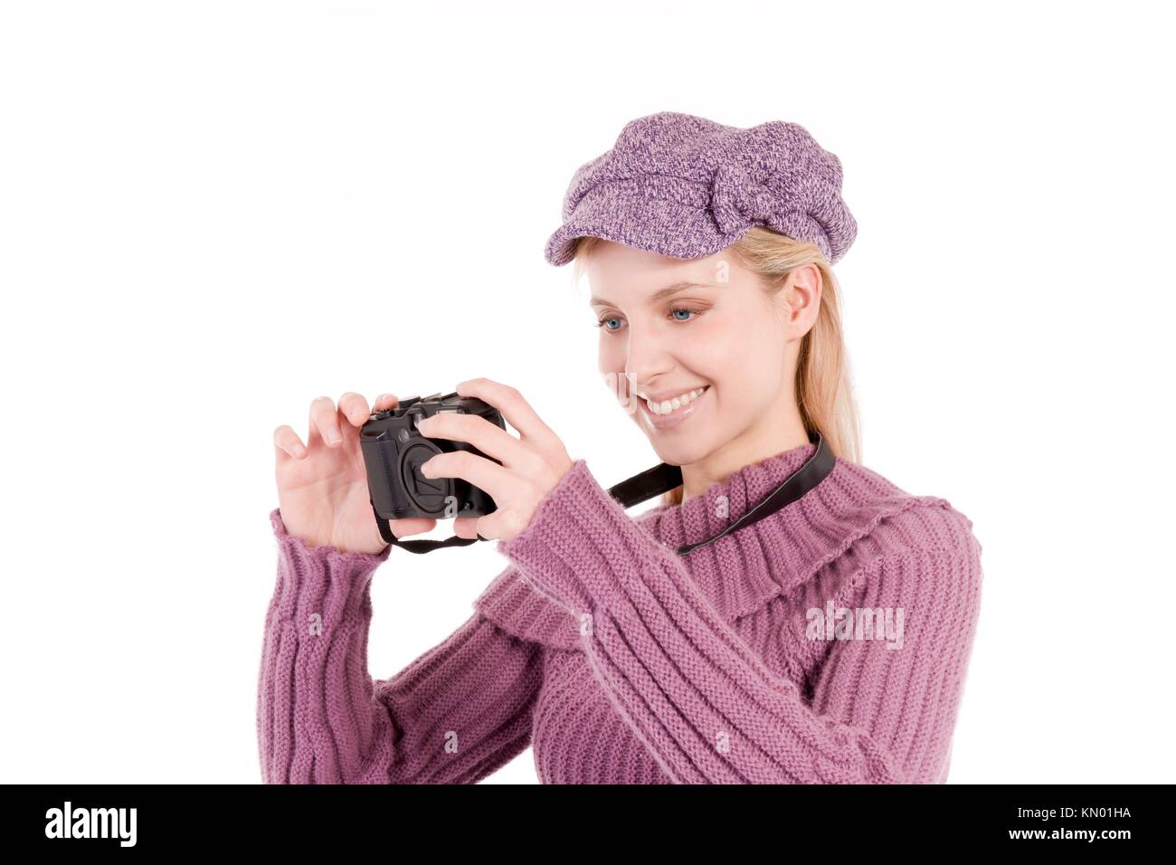 Beautiful young woman with camera, isolated on white Stock Photo - Alamy