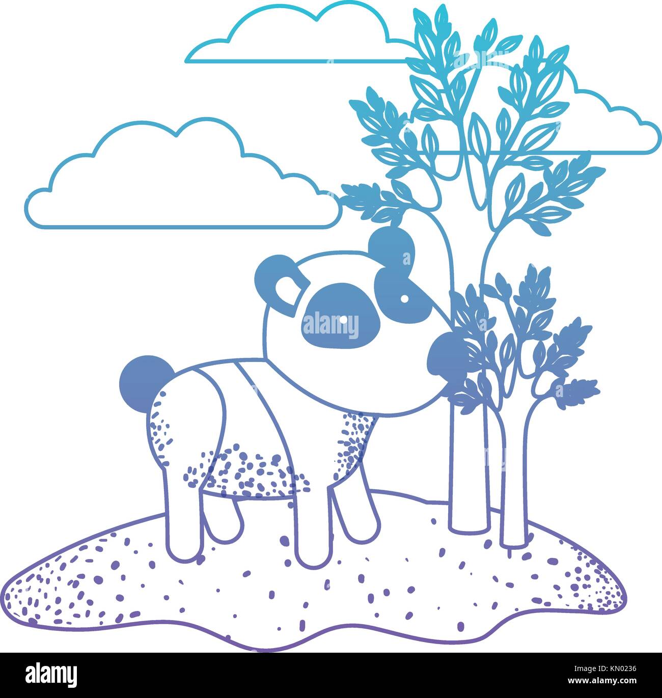 panda cartoon in outdoor scene with trees and clouds in degraded blue ...