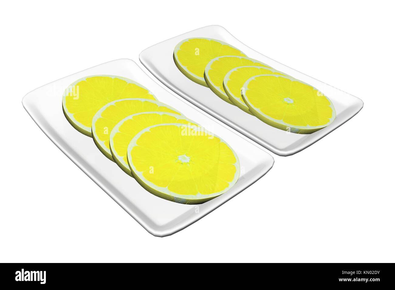 Lemon slices served on rectangular ceramic plates, 3d illustration ...