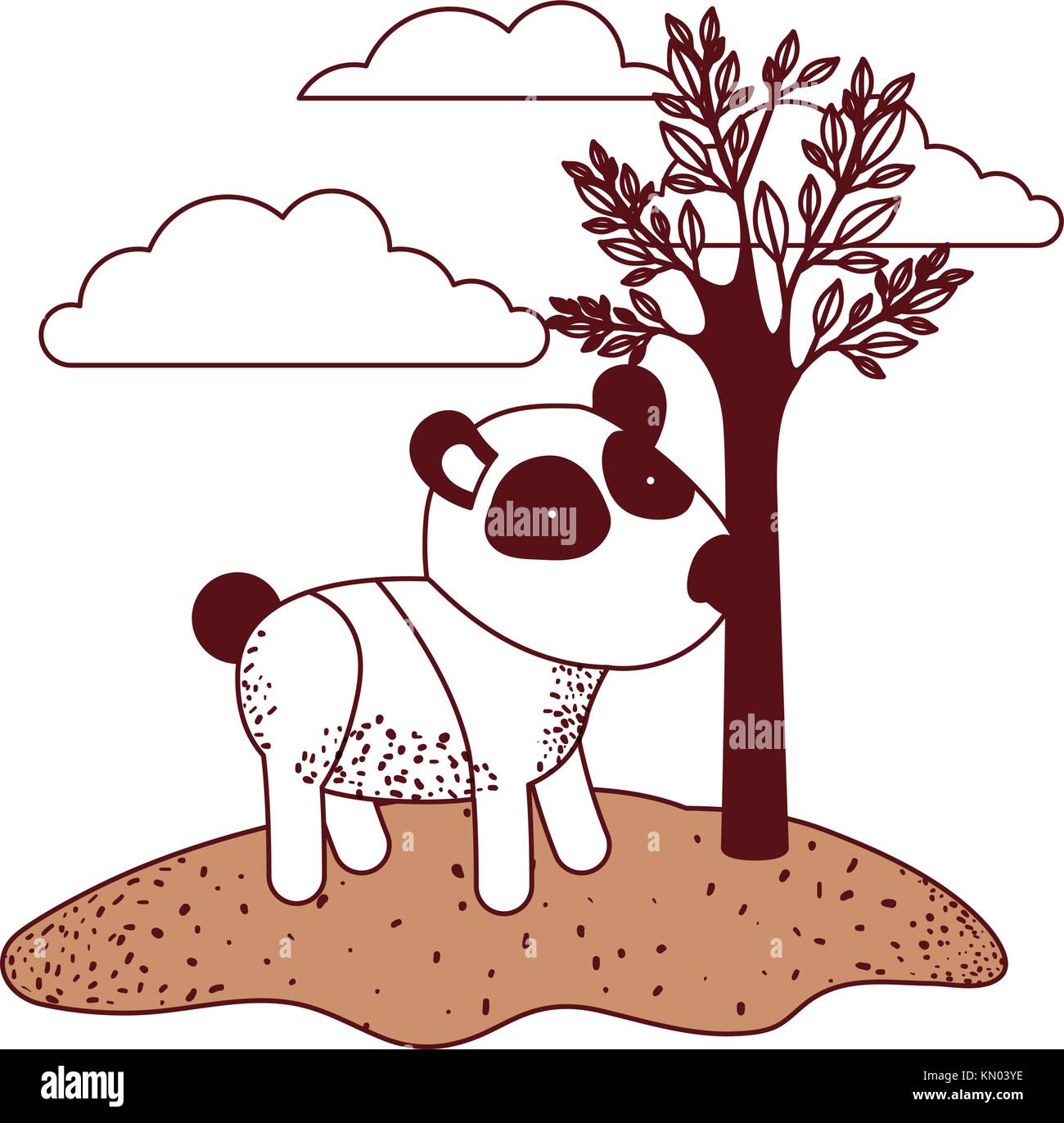 panda cartoon in outdoor scene with trees and clouds in color sections ...