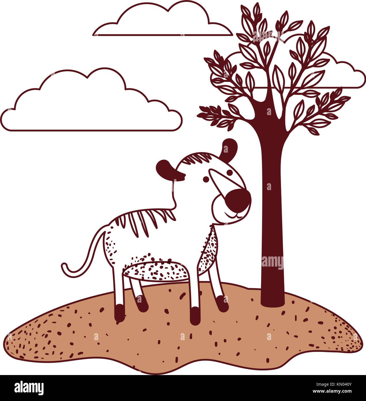 tiger cartoon in outdoor scene with trees and clouds in color sections ...
