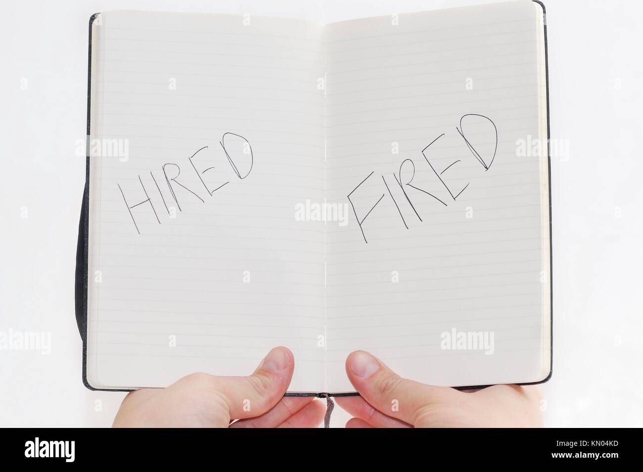Hired/Fired choices on notepad, white background Stock Photo - Alamy
