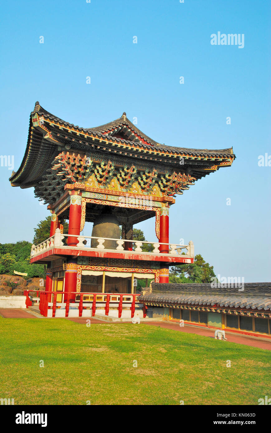 Korean-styled temple pavilion detailed architecture with bue sky ...