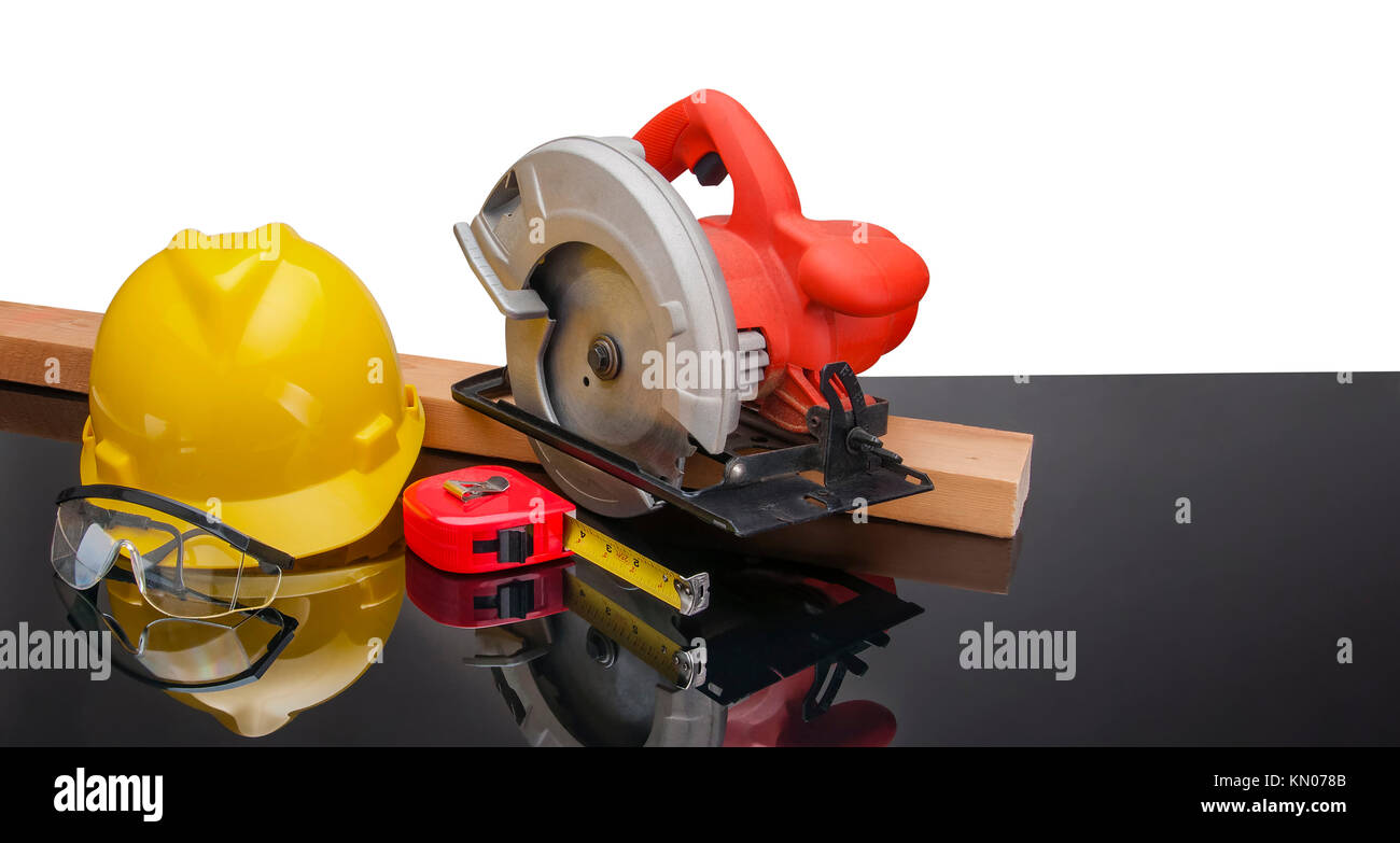Construction Gear workers power saw and safety tools Stock Photo - Alamy