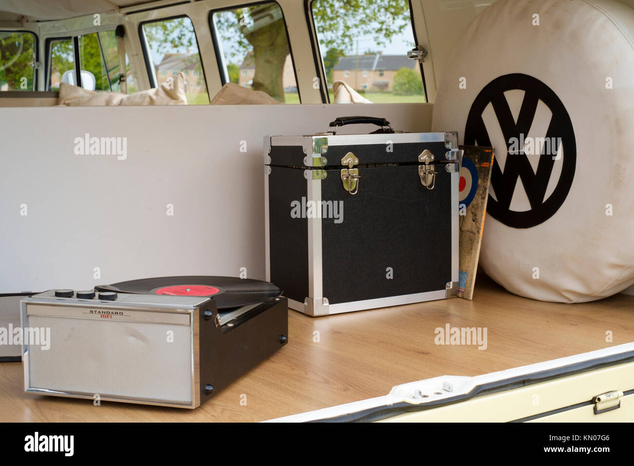 Dansette style recorde player, playing in the back of a VW Camper van ...