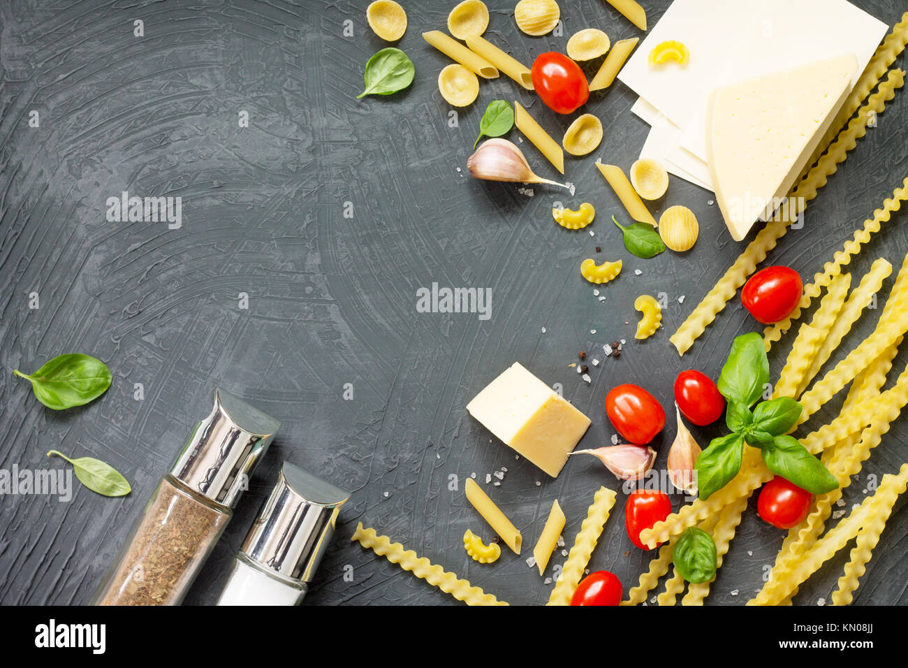 Italian foods concept and menu design. Mix of pasta, cheese, spices ...