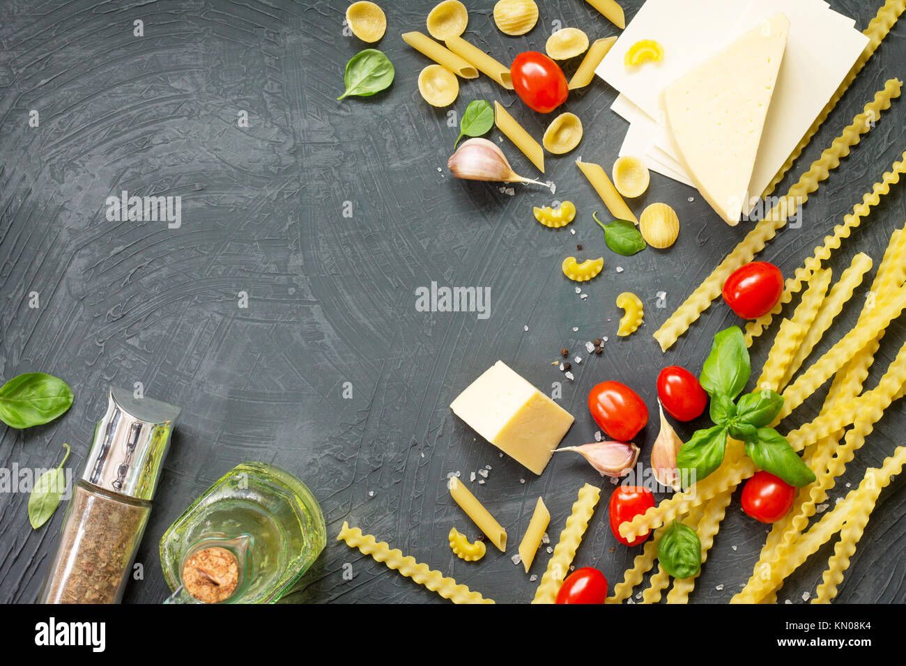 Italian foods concept and menu design. Mix of pasta, cheese, spices ...