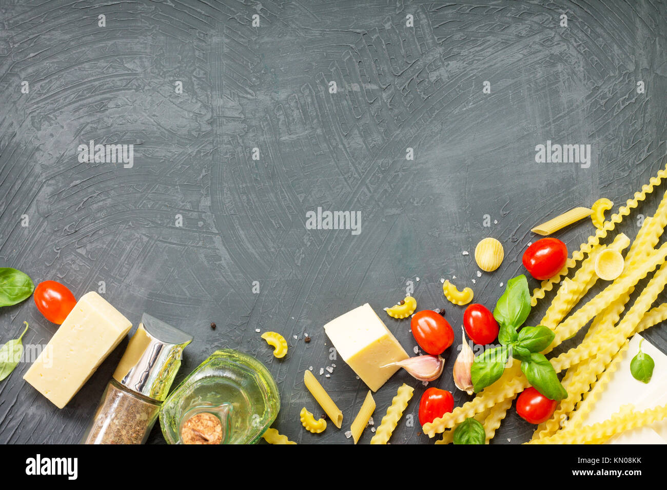 Italian foods concept and menu design. Mix of pasta, cheese, spices ...