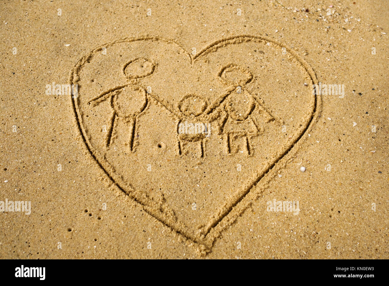 Sign of family inside heart shape frawn on beach Stock Photo - Alamy