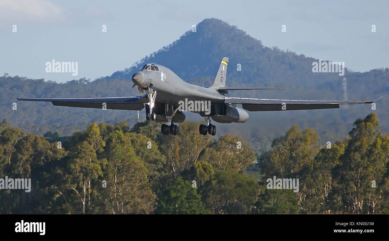 A U.S. Air Force B-1B Lancer strategic bomber aircraft lands at the ...