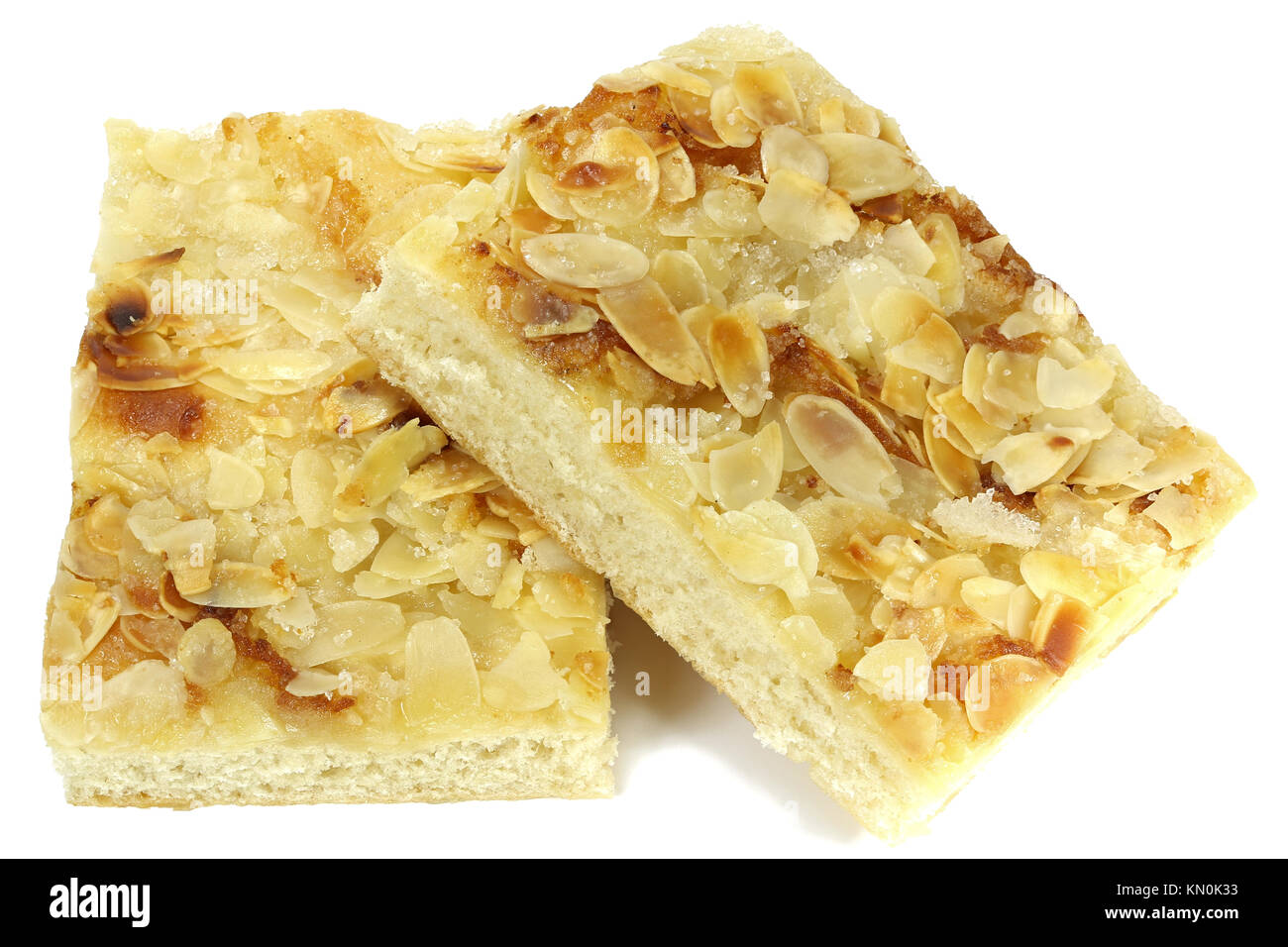 Traditional North German Butterkuchen (butter cake) isolated on white ...
