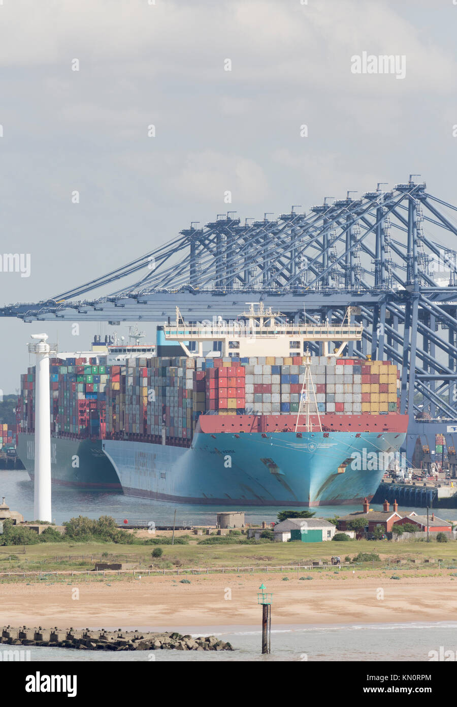 A Maersk Line Triple-E container vessel at the Felixstowe Container ...